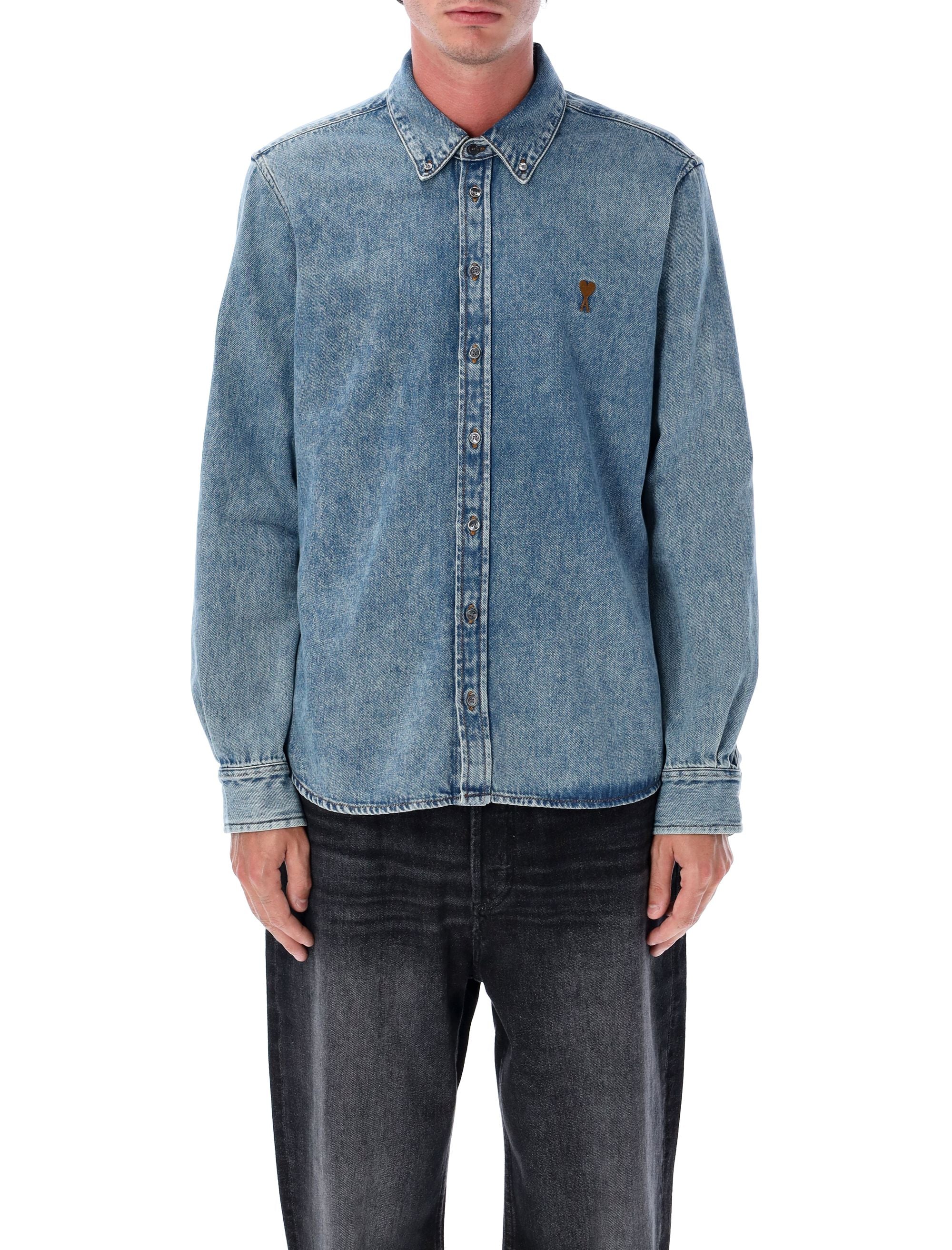 AMI Ami Paris Stonewashed Cotton Denim Button-Down Shirt with Ami OF Coeur Chest Embroidery